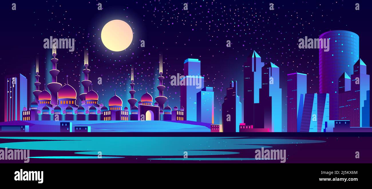 Vector background with night city illuminated with neon glowing lights ...