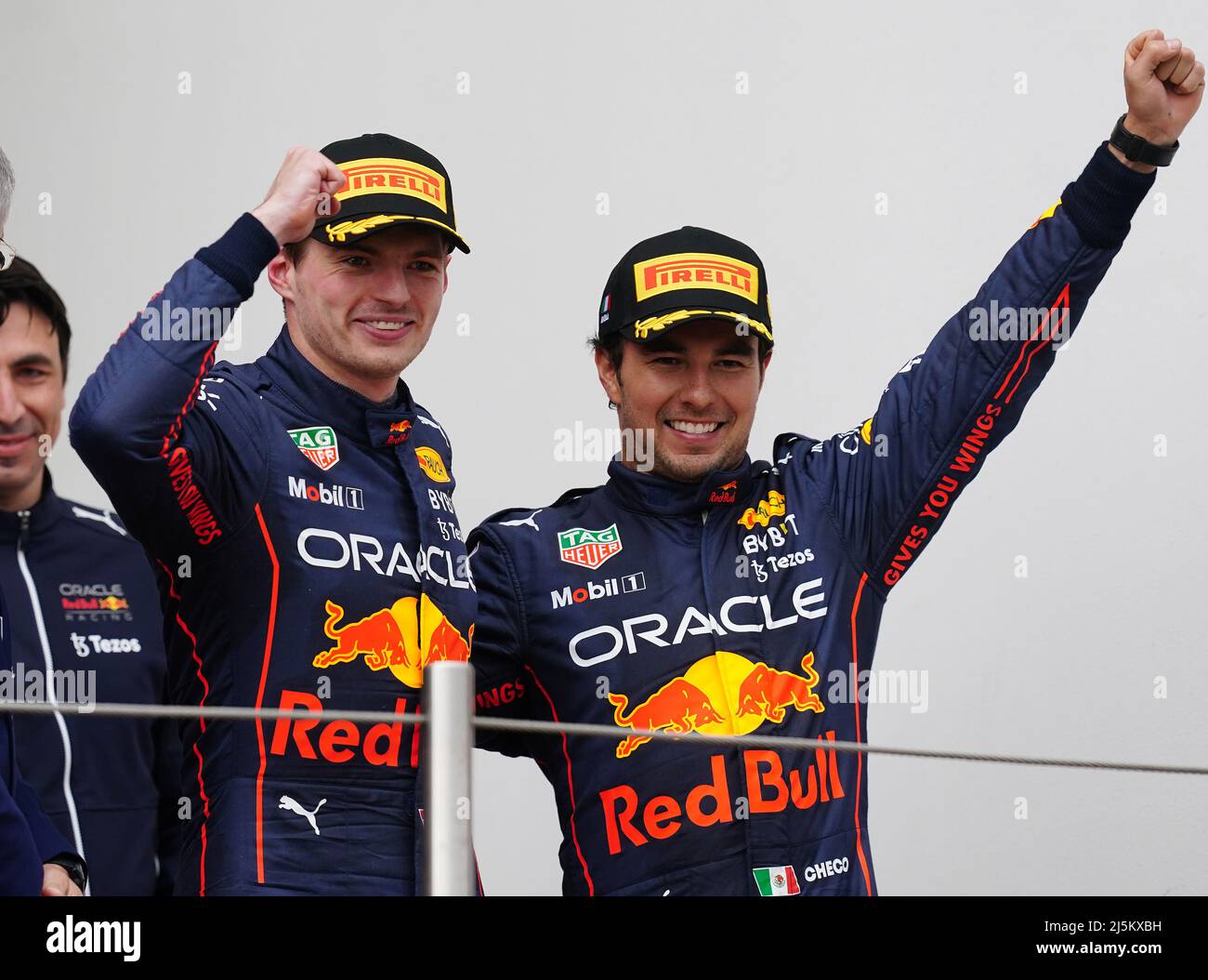 Red Bull drivers Max Verstappen and Sergio Perez celebrate their 1-2 ...