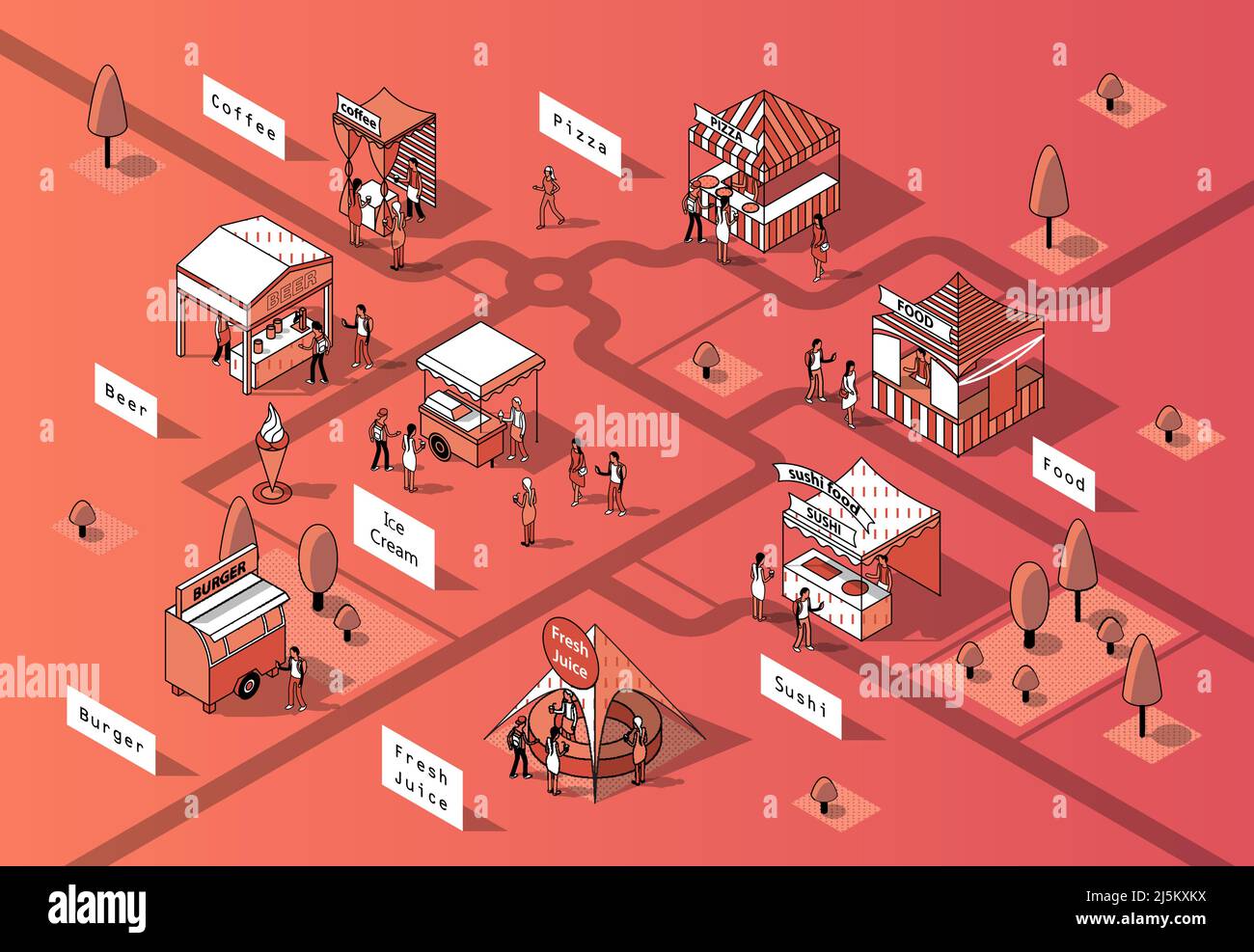 Vector 3d isometric food courts, fair with people. Shops with sushi ...