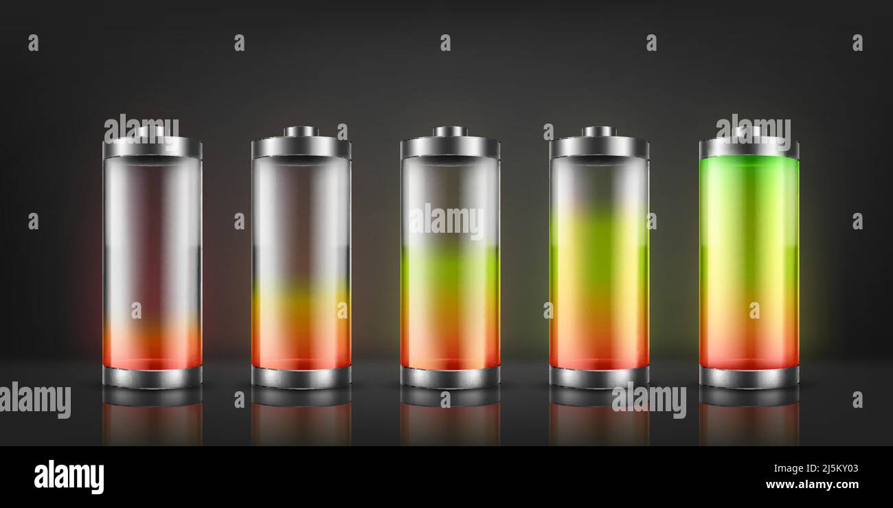 Vector set of battery charge indicators with low and high energy levels ...