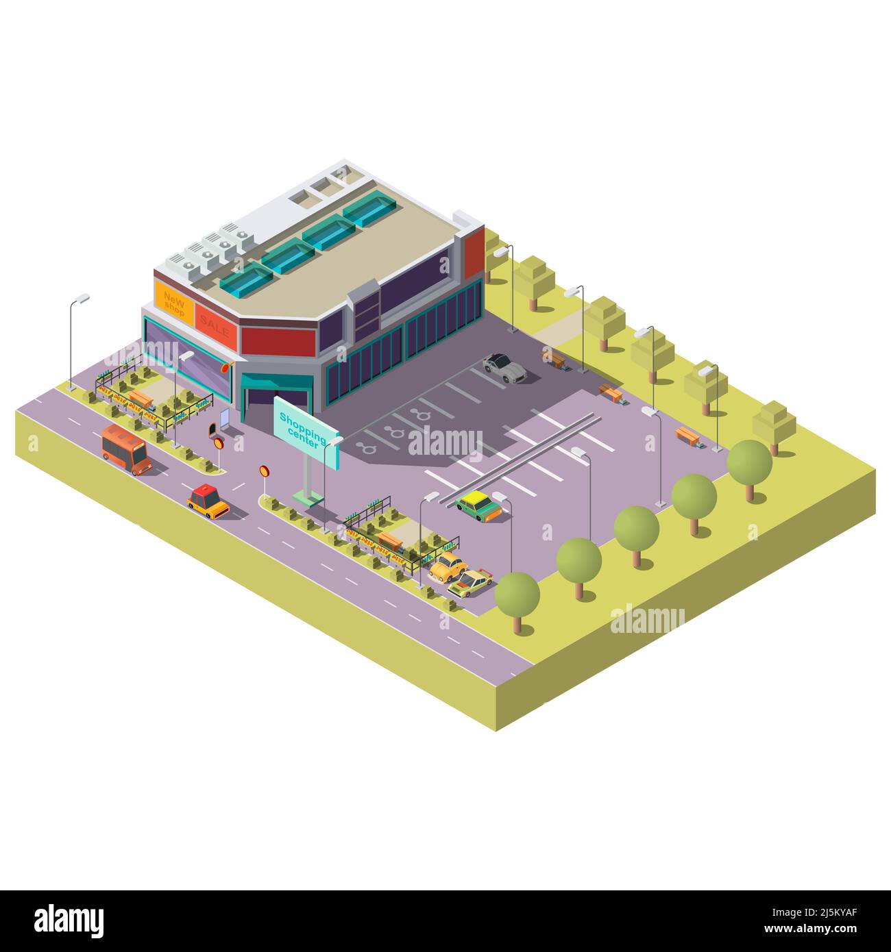Modern mall, shopping center or supermarket with cars on big parking isometric projection vector ...