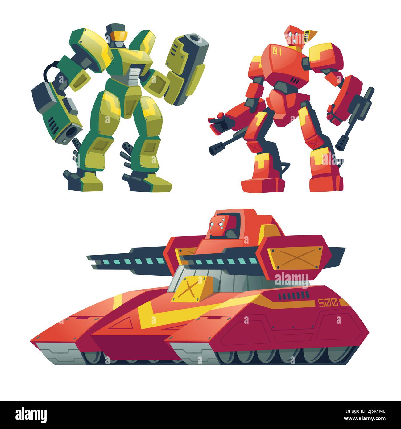 Vector cartoon combat robots with red tank. Battle androids with ...