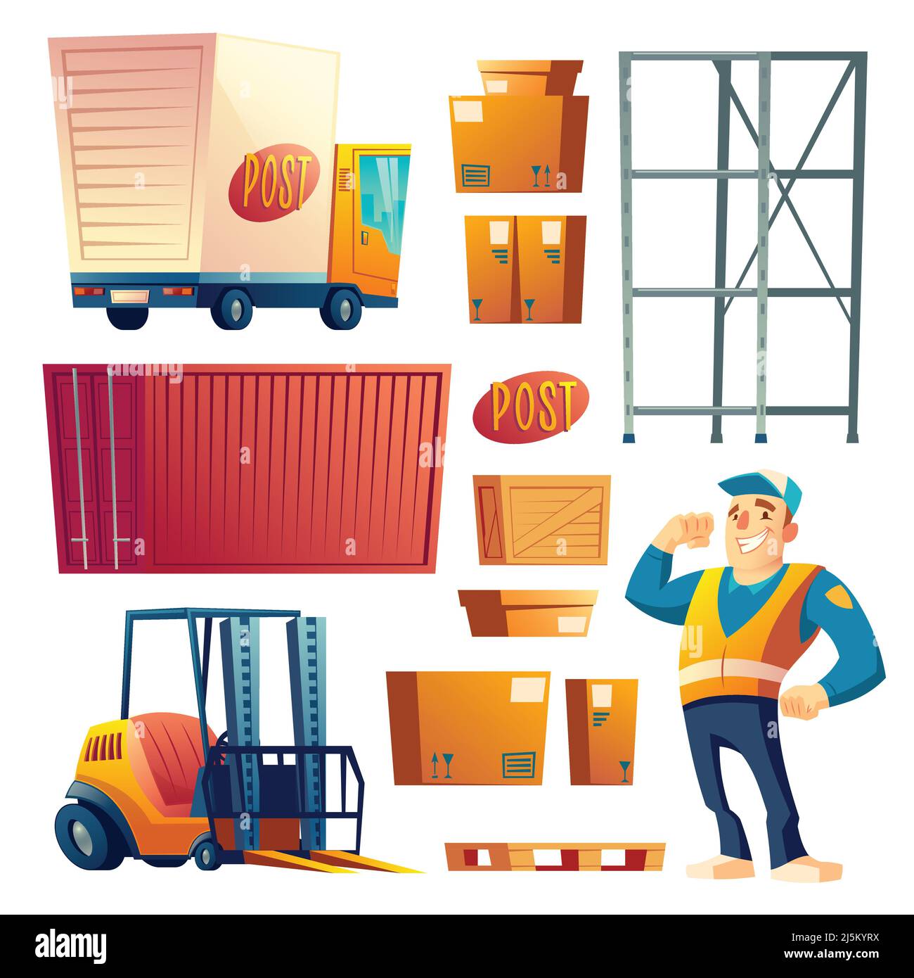 Delivery or postal service cartoon vector icons set isolated on white ...