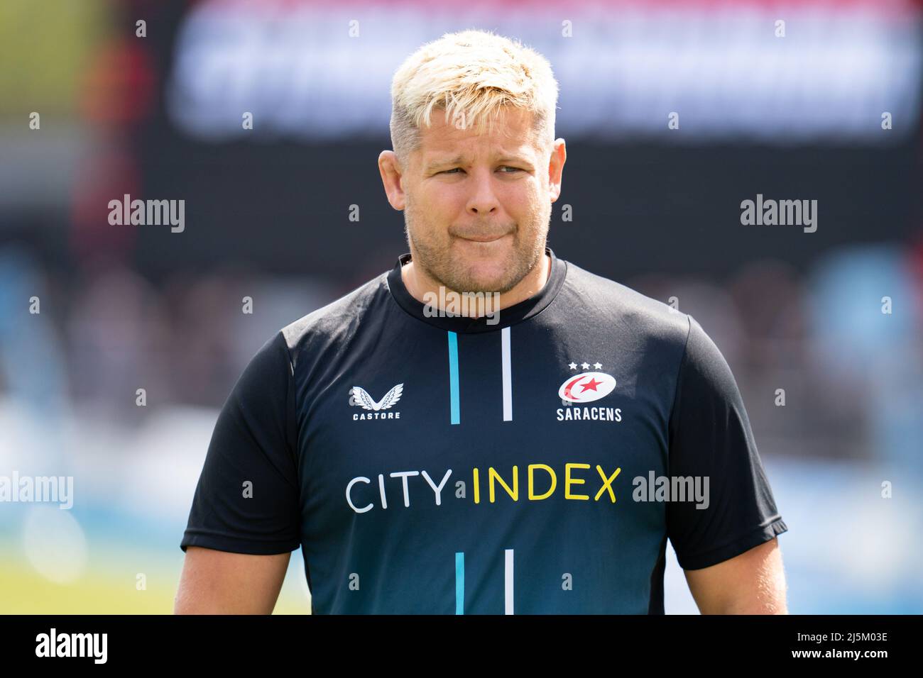 London, UK. 24th Apr, 2022. Richard Barrington #17 of Saracens warming ...