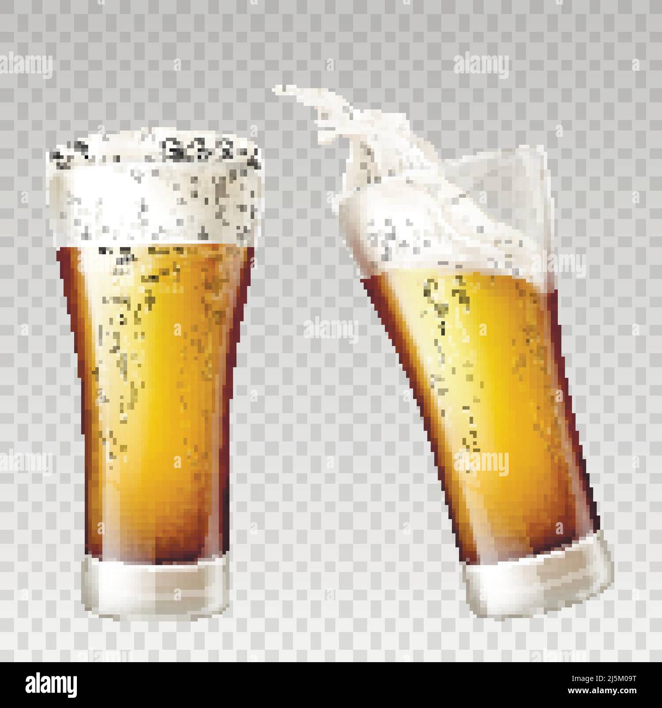 Vector realistic golden beer splashes in transparent glass. White foam ...