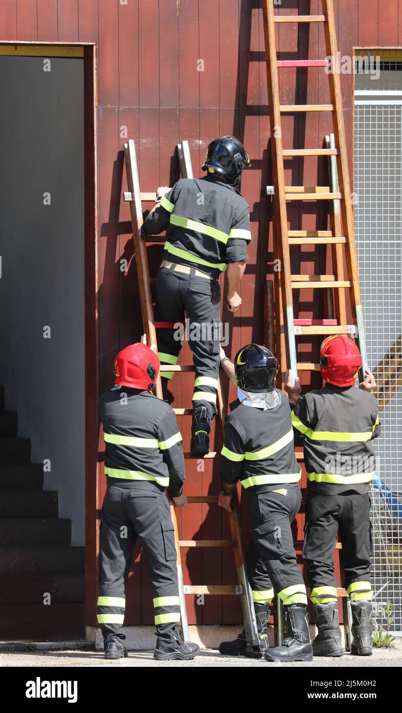 four firefighters in action in the firehouse with the long ladder ...