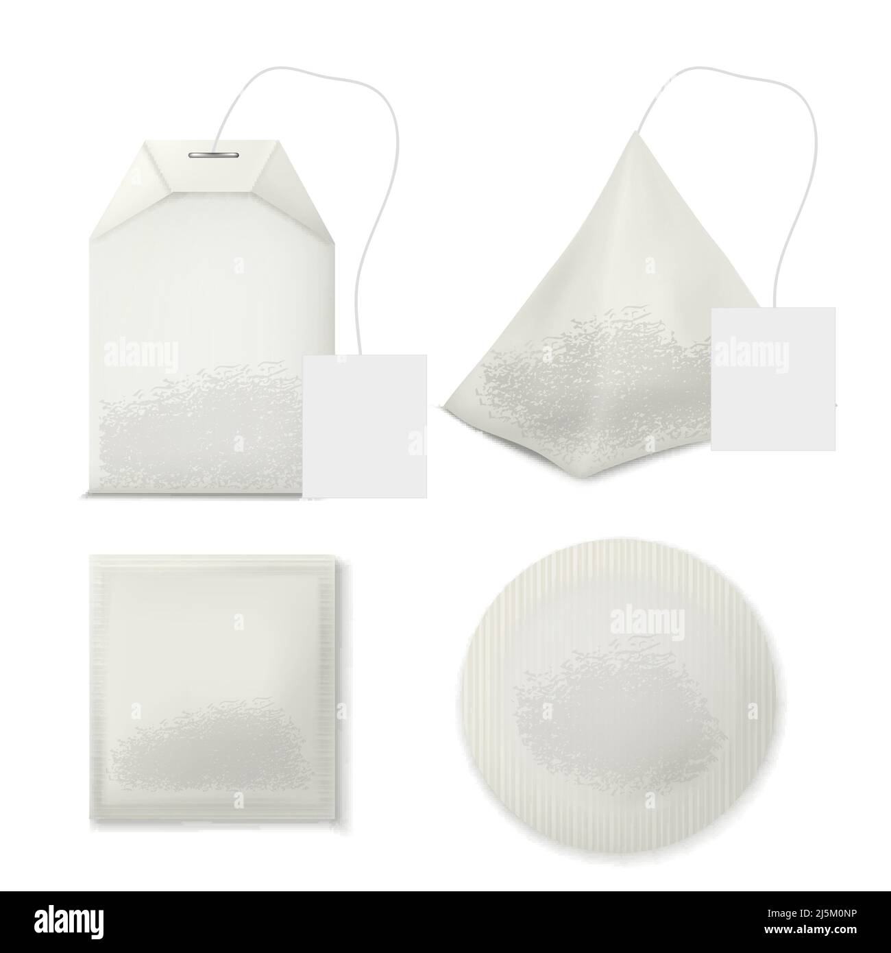 Set of various shape tea bags with blank label tags and leaves inside ...