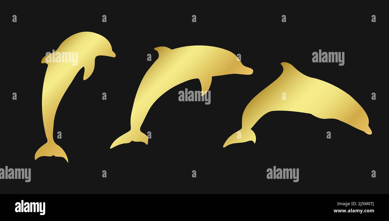 Set golden dolphin sign icon on black background. Gold vector clipart ...