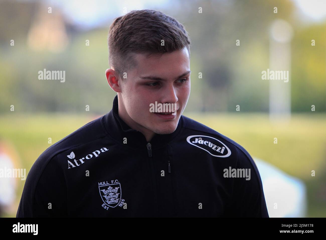 Cameron Scott #24 of Hull FC arrives at The MKM Stadium ahead of ...
