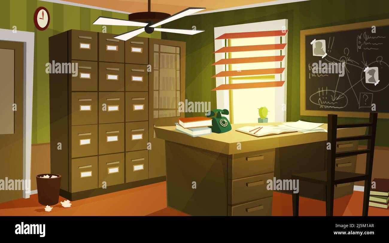 Private detective office interior cartoon vector with retro telephone ...