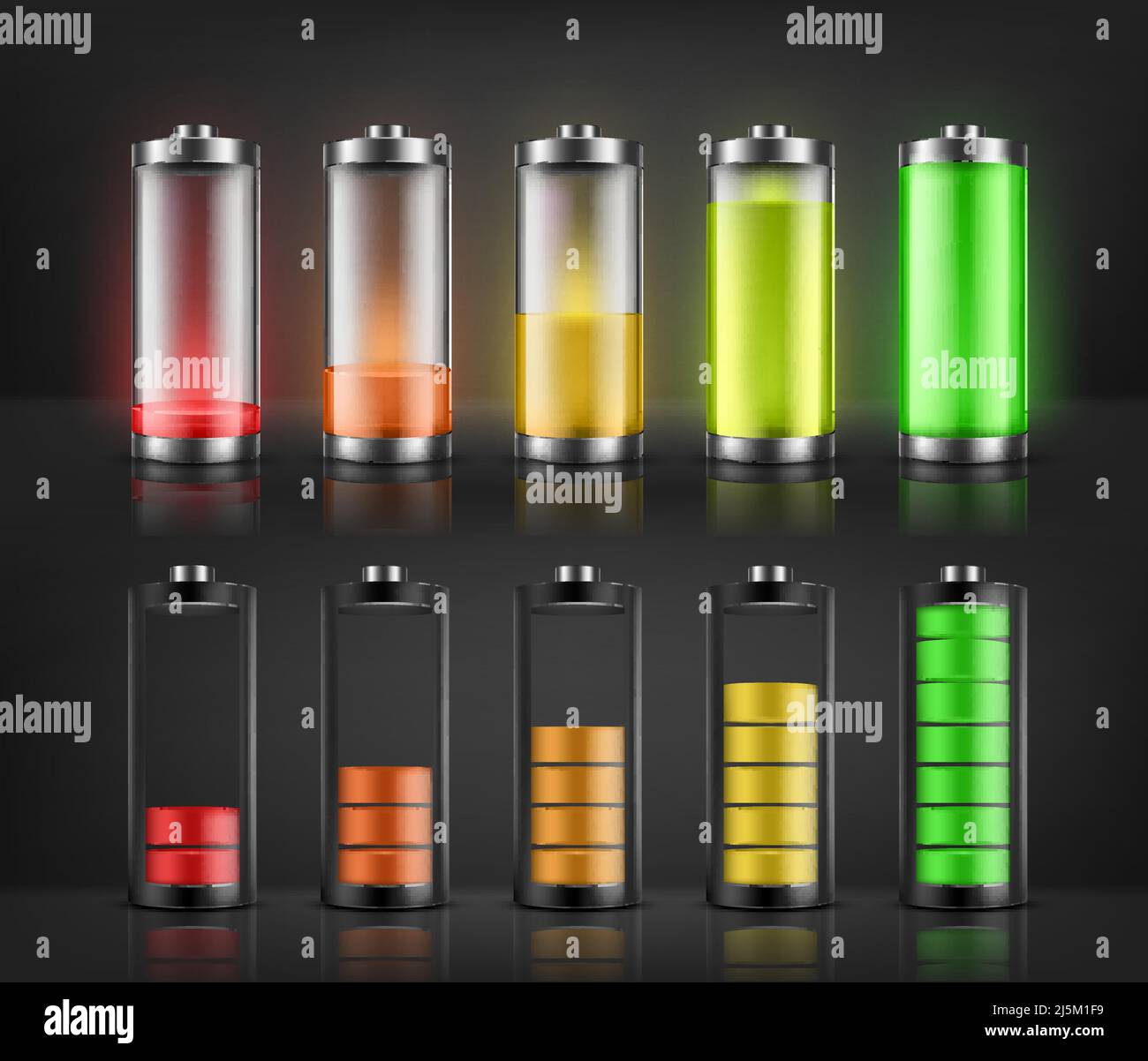 Vector set of battery charge indicators with low and high energy levels ...