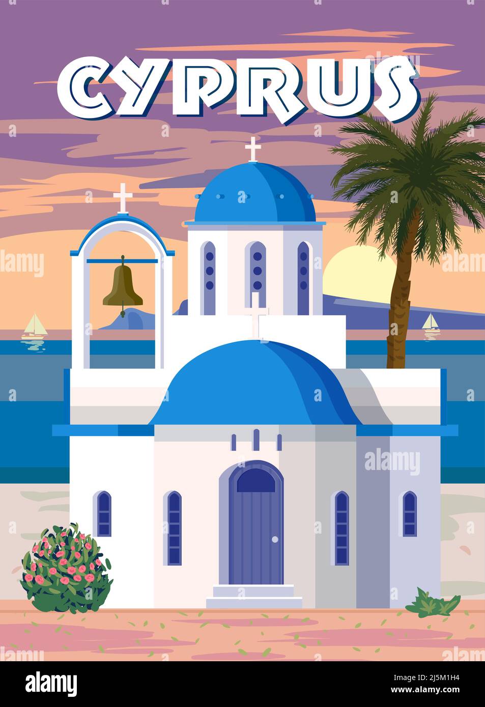 Cyprus Poster Travel, Greek white church with blue roofs, poster, old ...