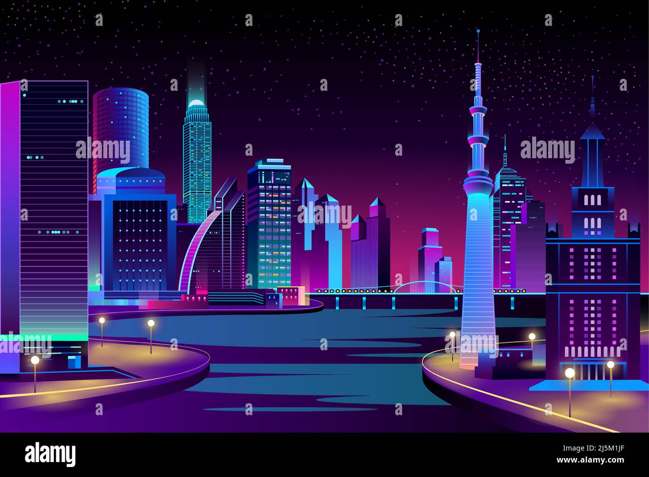 Vector modern megapolis on river at night. Bright glowing buildings, boardwalk and bridge in ...