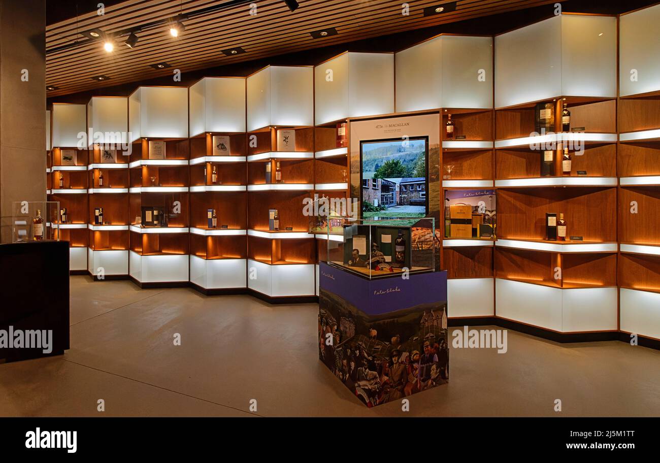 MACALLAN WHISKY DISTILLERY INTERIOR CRAIGELLACHIE SCOTLAND SHELVES OF ...