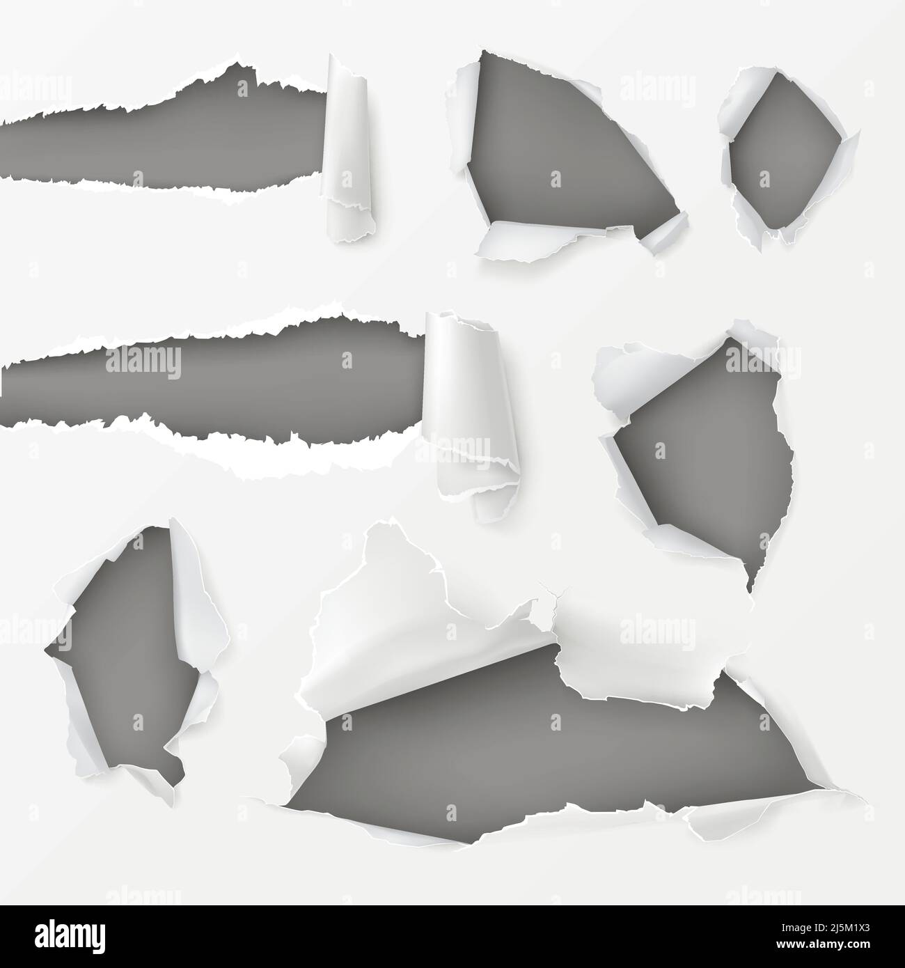 Set of various shape holes and gaps with ripped and scrolled edges in ...