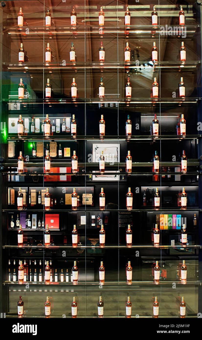 MACALLAN WHISKY DISTILLERY INTERIOR CRAIGELLACHIE SCOTLAND SHELVES OF ...