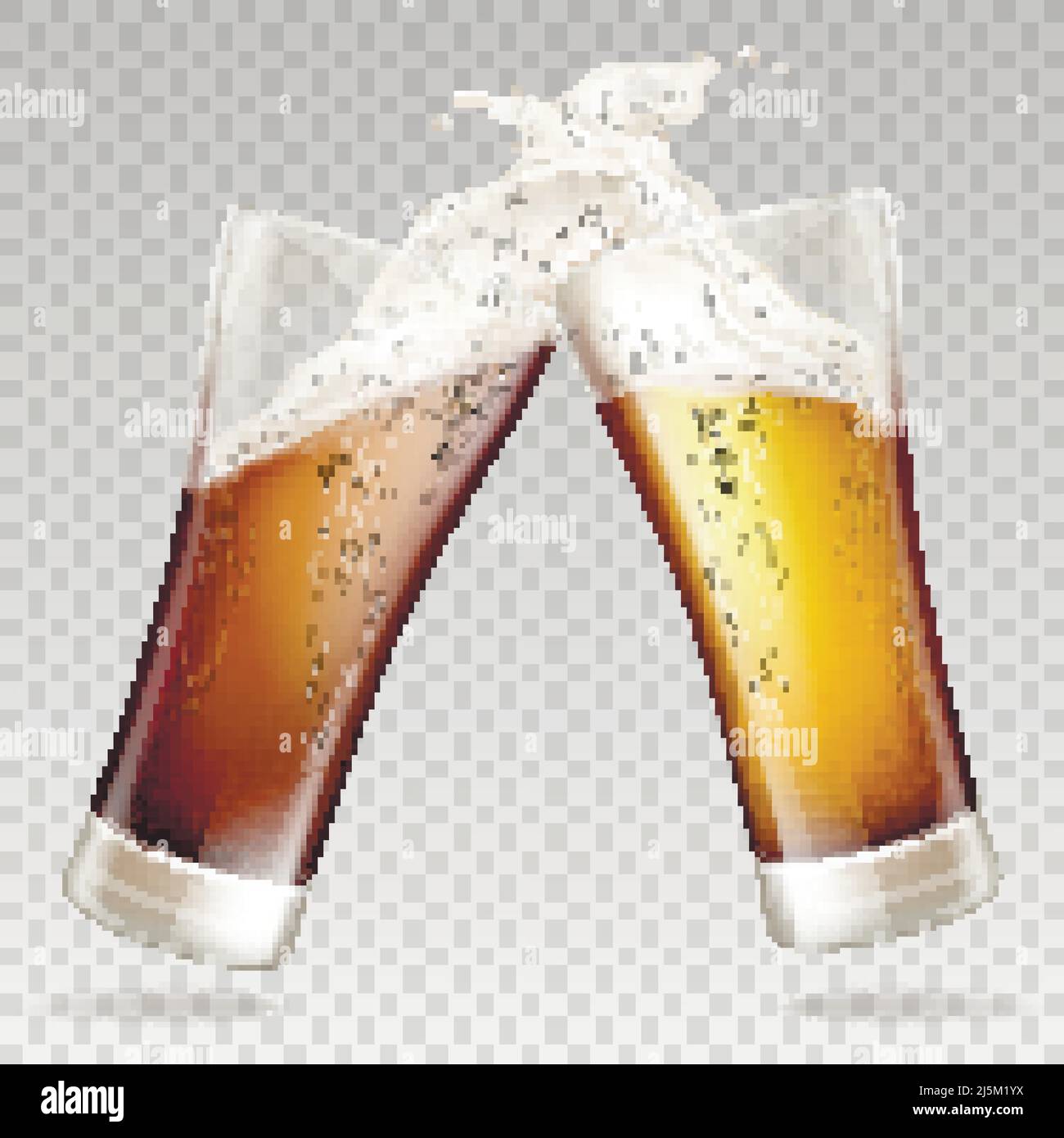 Vector realistic light and dark beer in transparent mugs. Clink glasses ...