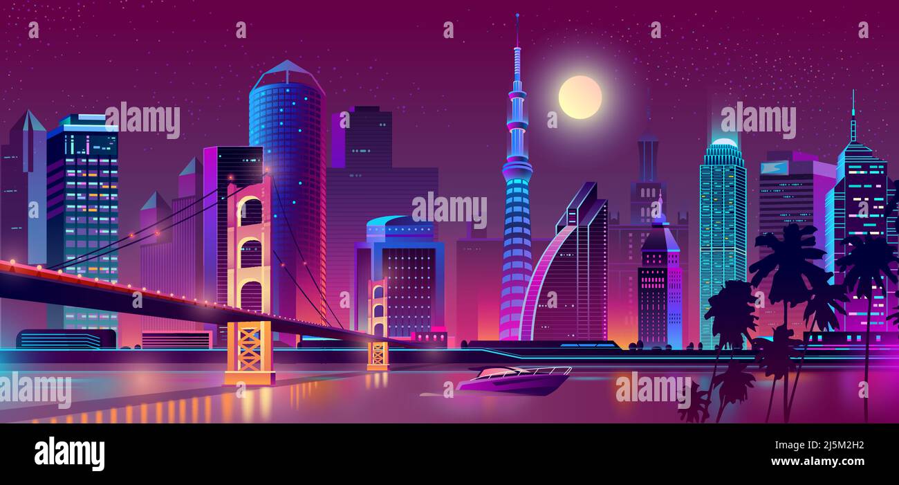 Vector concept background with night city illuminated with neon glowing ...