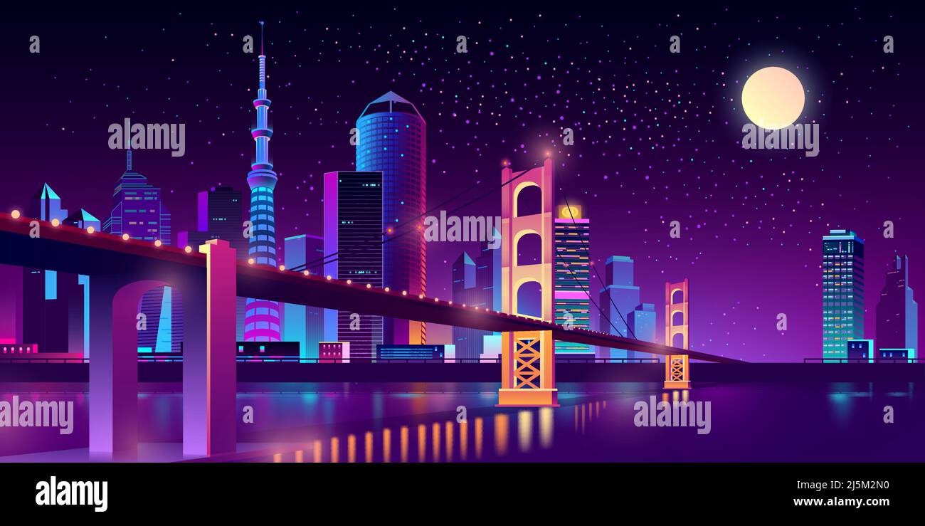 Vector big hinged bridge in modern megapolis on river. Night architecture background with bright ...