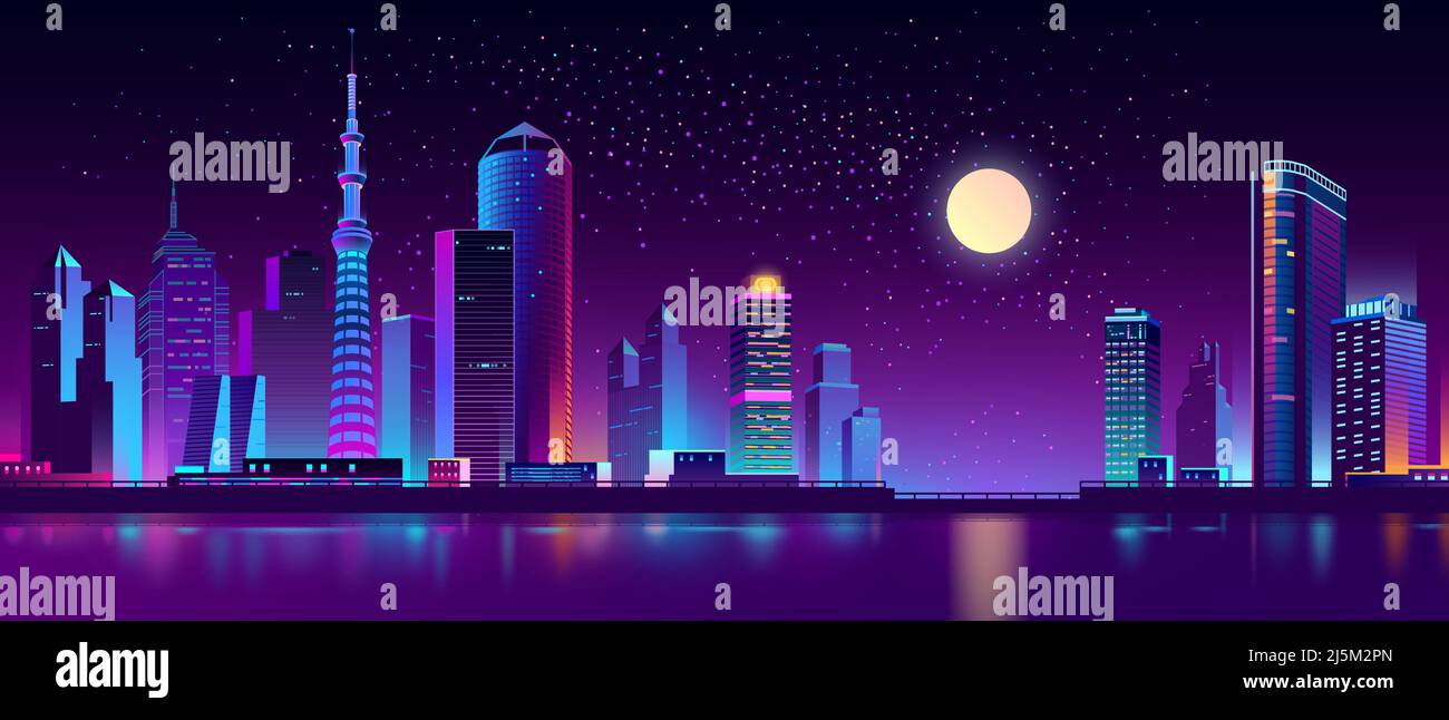 Vector modern megapolis on river at night. Purple glowing buildings on ...