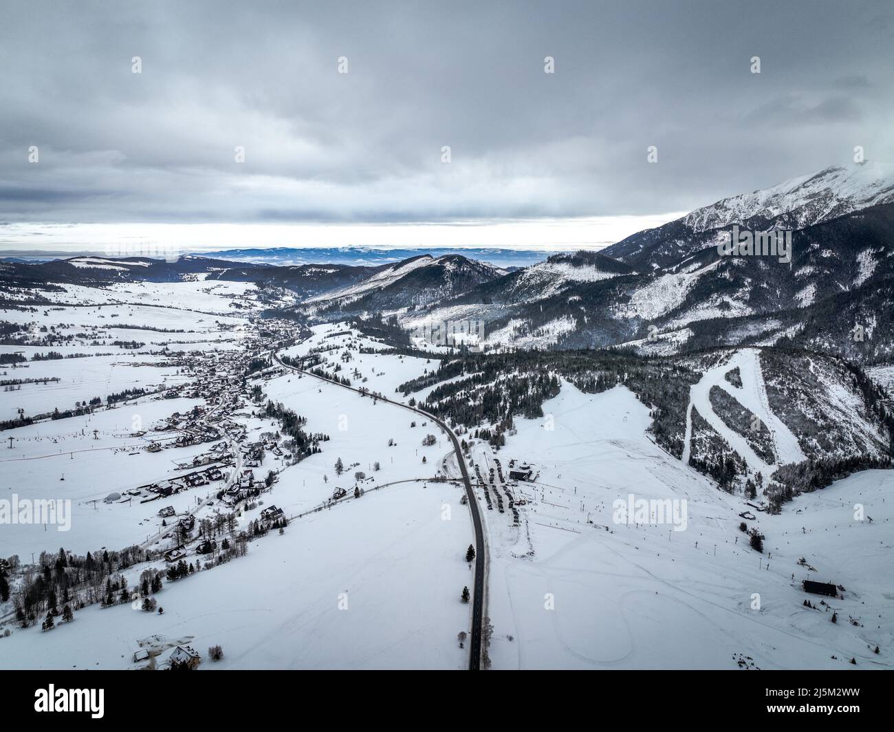 Aerial view of the village of Zdiar and the High Tatras in Slovakia ...