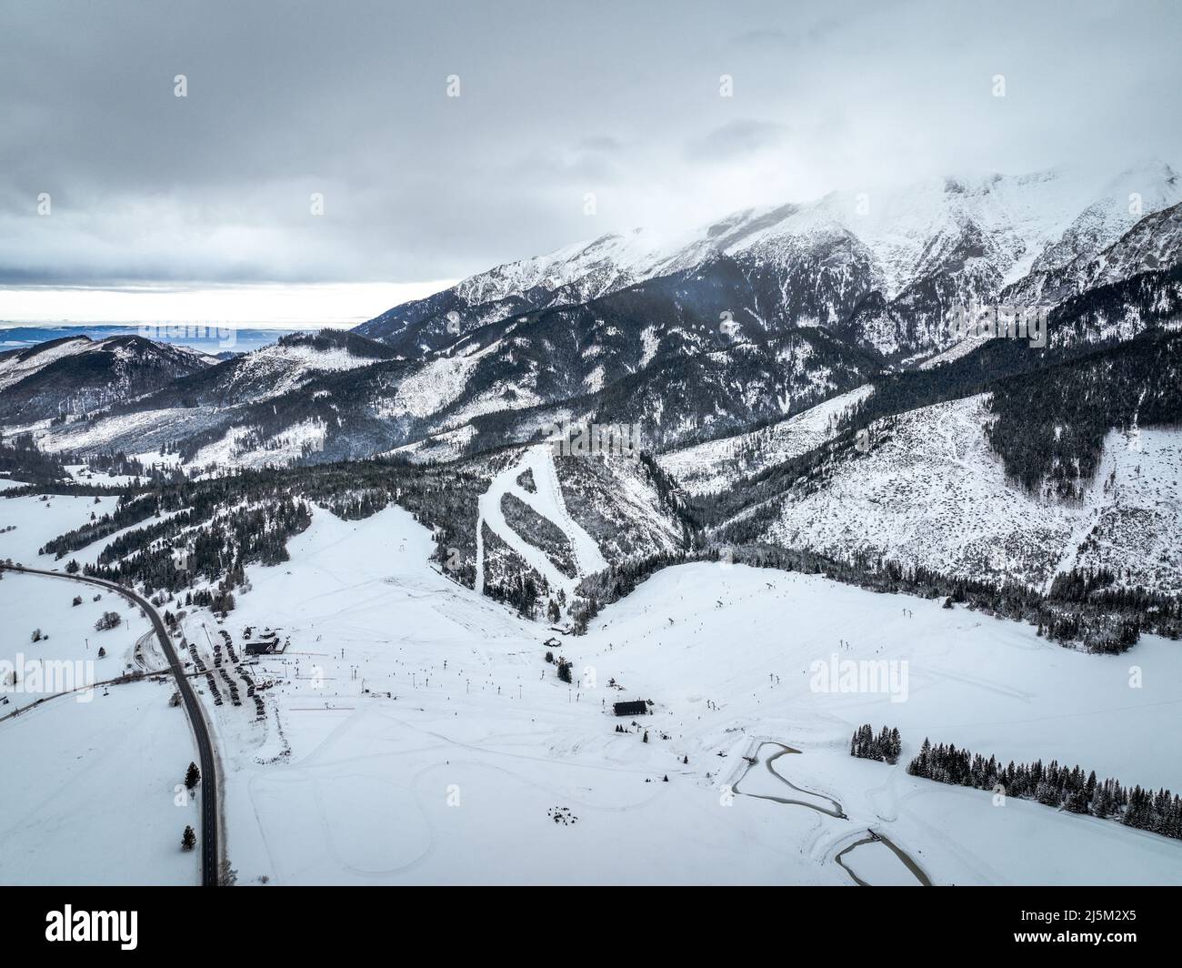 Aerial view of the village of Zdiar and the High Tatras in Slovakia ...