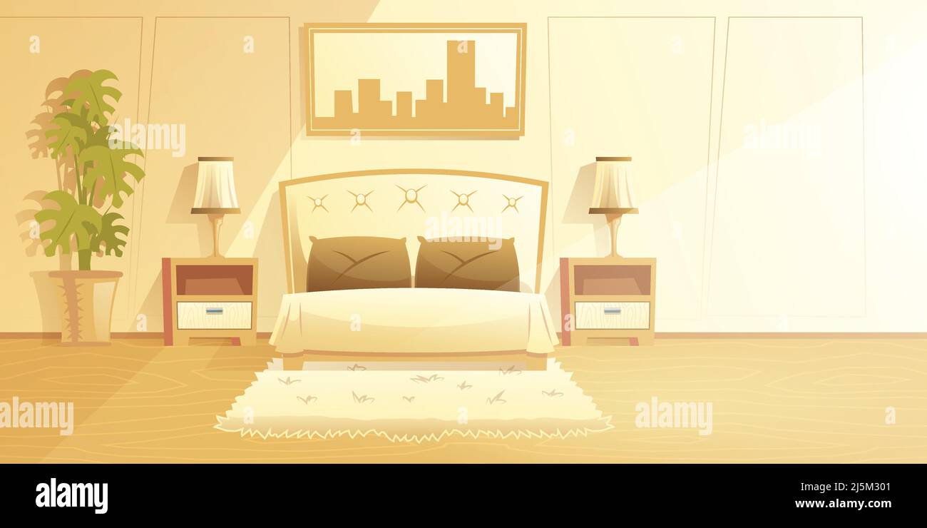 Spacious, sunny bedroom interior cartoon vector with fur carpet on ...