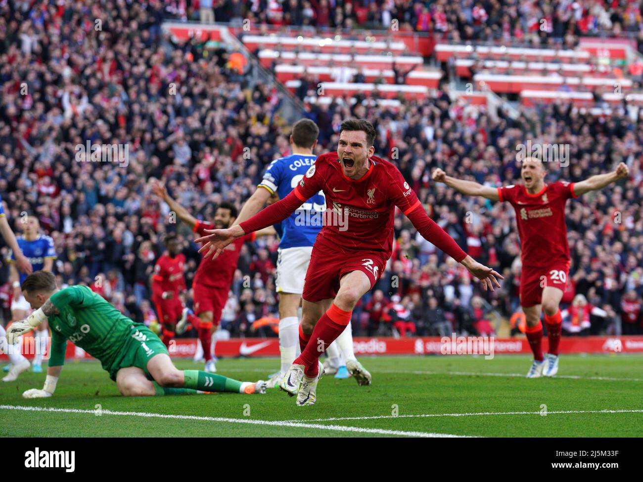 Liverpools andrew robertson celebrates scoring hi-res stock photography ...