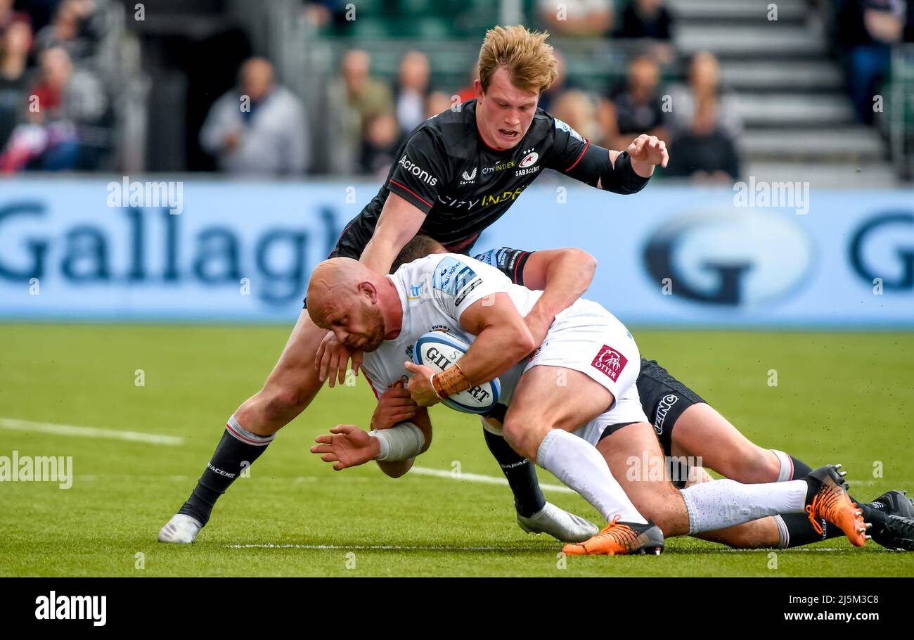 London, UK. 24th Apr, 2022. Nick Tompkins and Owen Farrell of Saracens ...