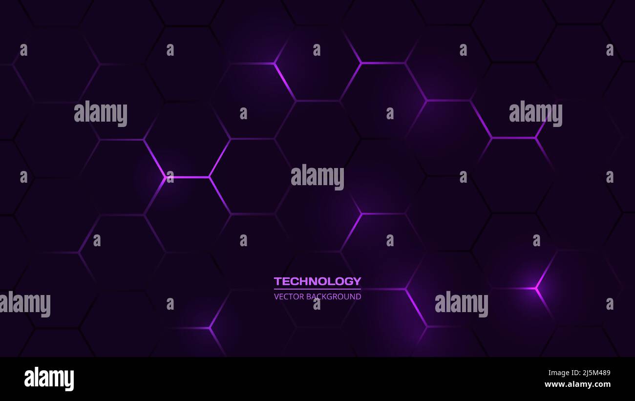 Dark violet hexagonal technology abstract vector background with purple colored bright flashes ...