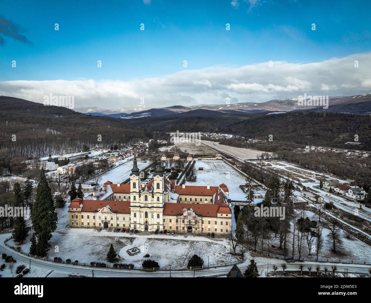 Aerial view of the manor house in the village of Jasov in Slovakia ...