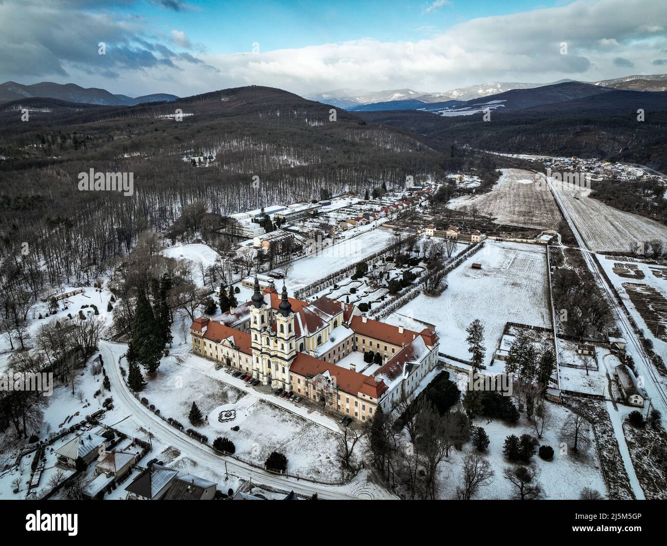 Aerial view of the manor house in the village of Jasov in Slovakia ...