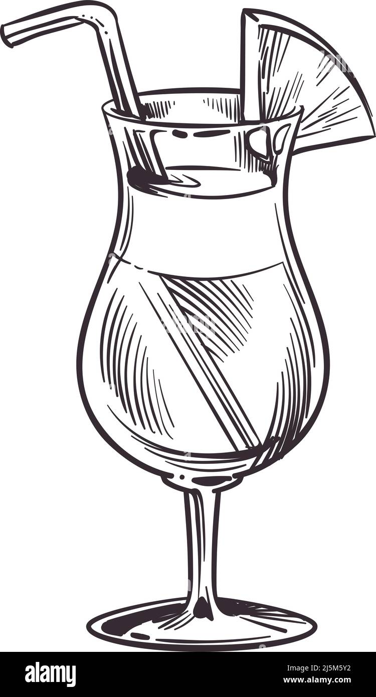 Pina colada glass with straw and fruit slice. Hand drawn cocktail Stock ...