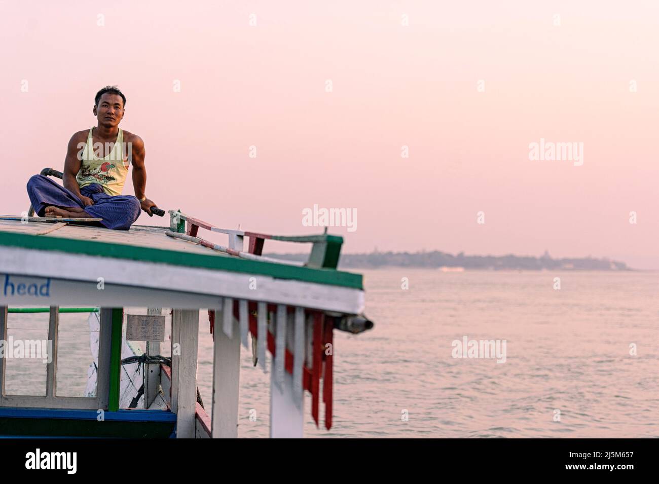 A tour riverboat on the Irrawaddy (Ayeyarwady) River. Myanmar Burma ...