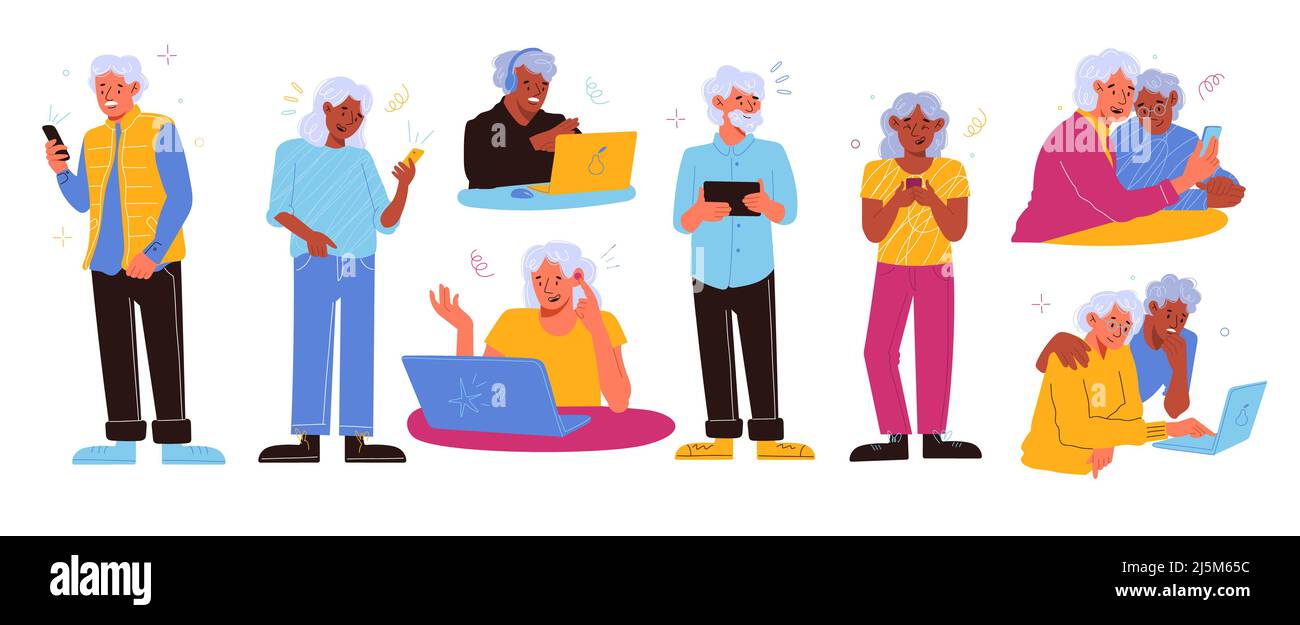 Senior people use gadgets. Elderly persons with mobile smart devices ...