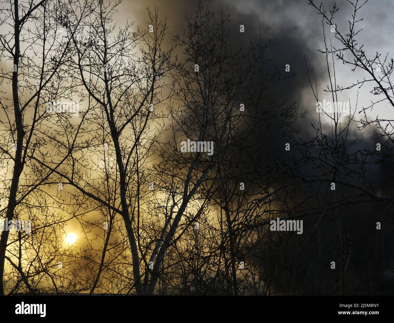 A fire after an explosion at an industrial plant in a large industrial ...