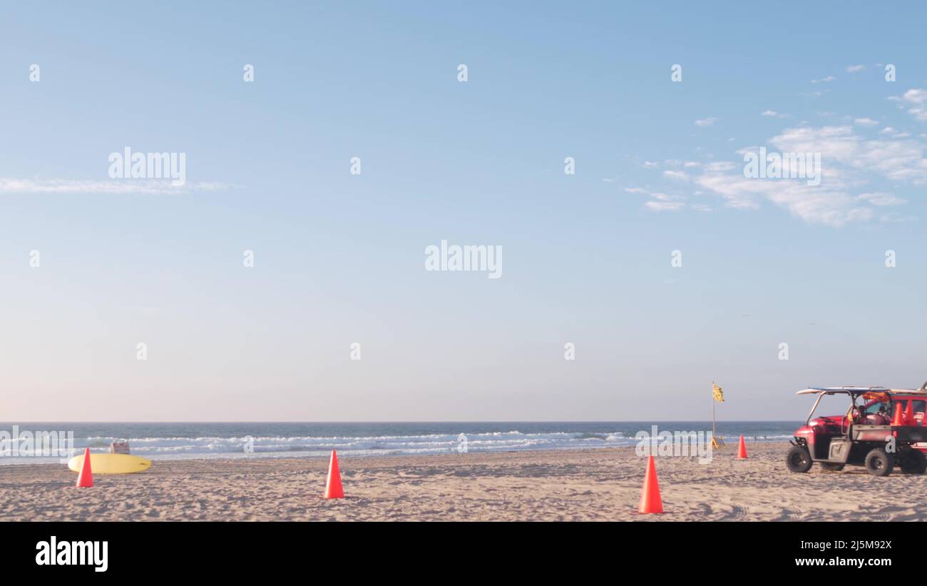 Lifeguard red pickup truck, life guard auto on sand, California ocean ...