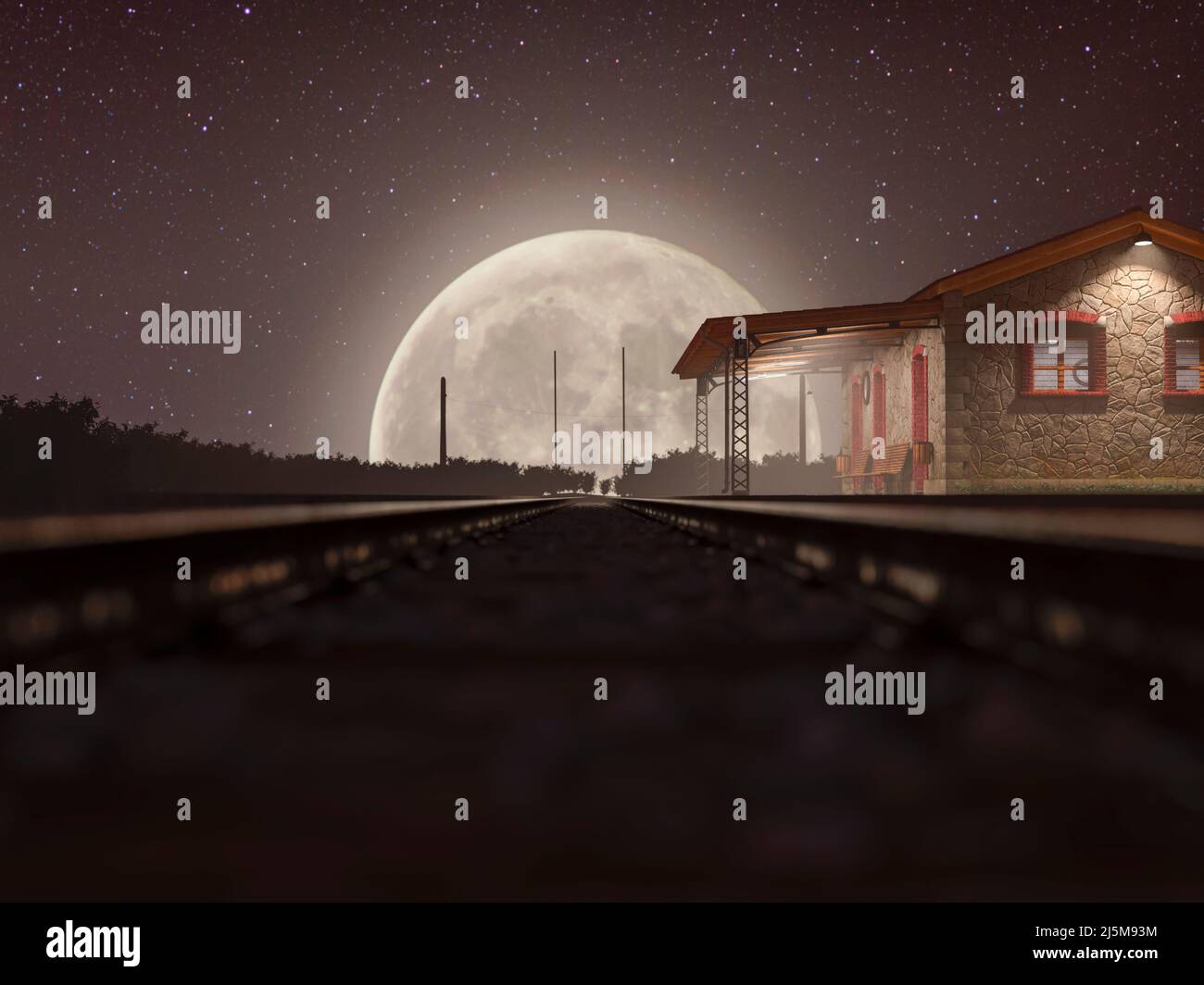 The railway track on a misty night with a full moon - 3d rendering ...