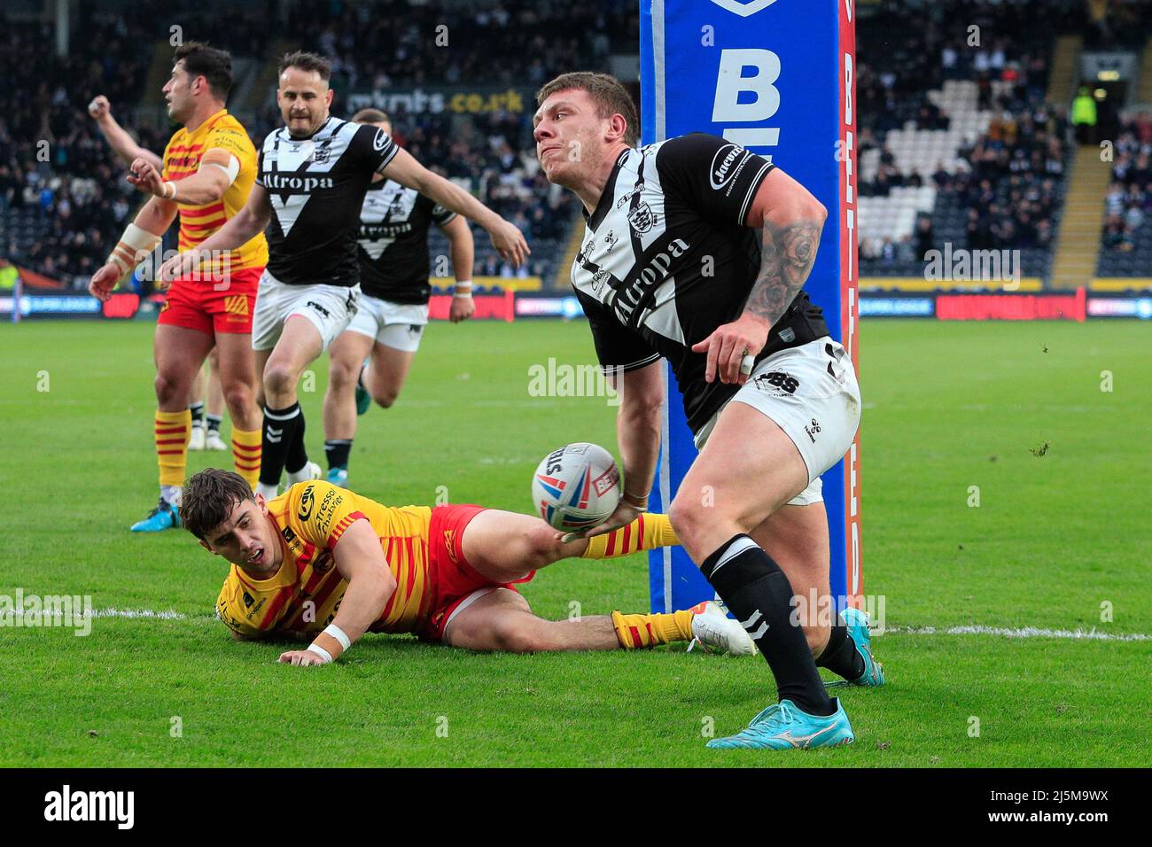 Jordan Lane #13 of Hull FC celebrates his try and makes the score 4-0 ...