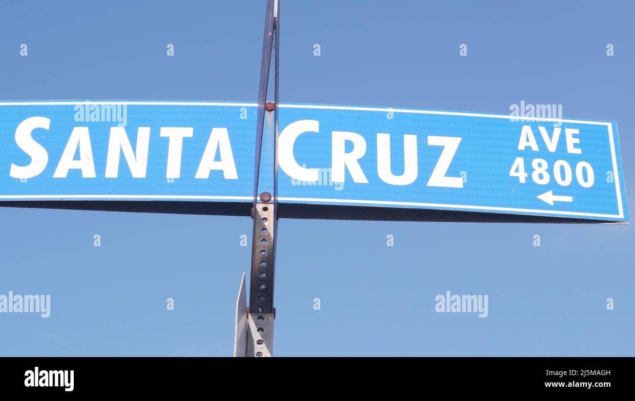 Santa Cruz road sign on crossroad, California city street, USA ...