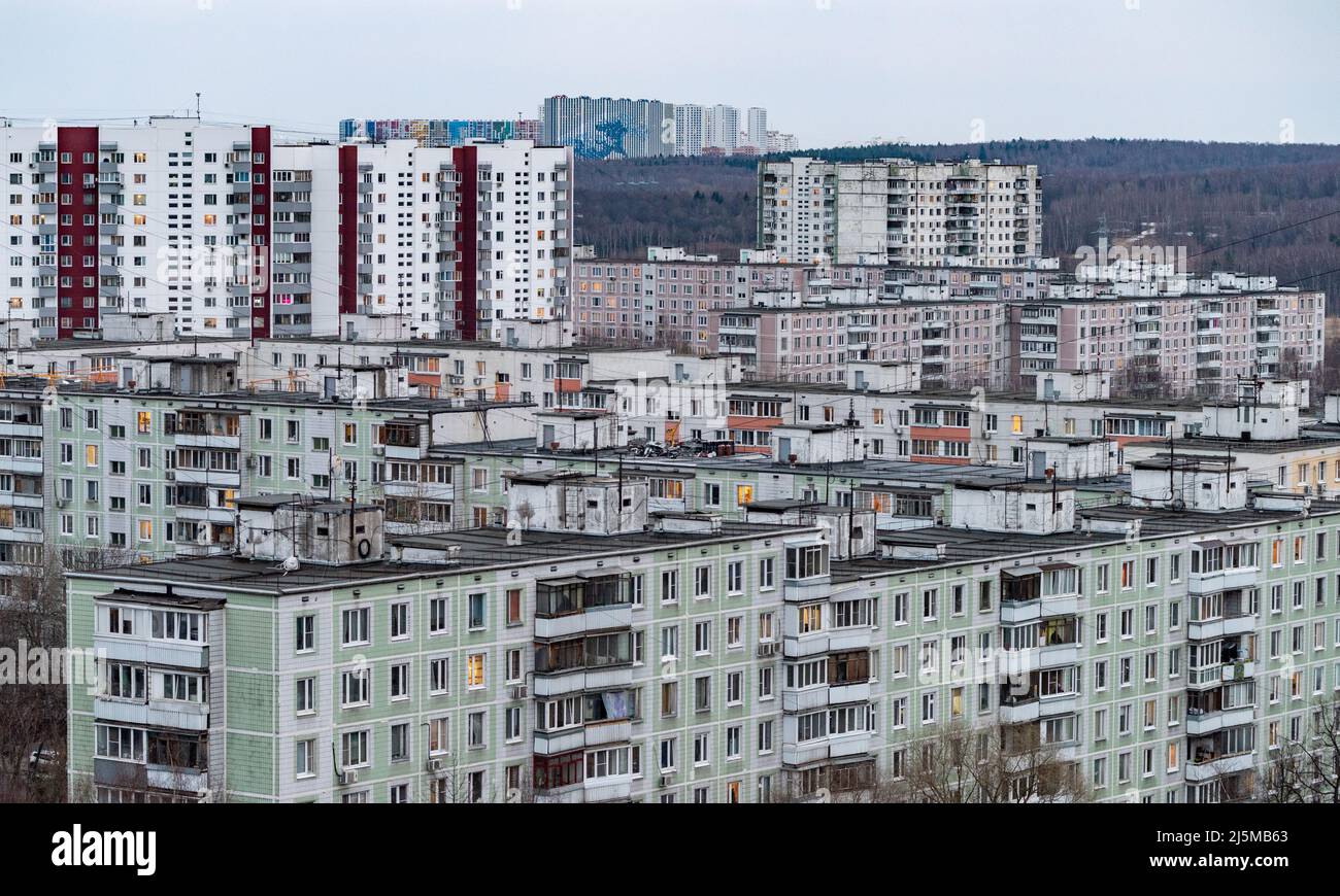 April 15, 2022, Moscow, Russia Multi-storey panel residential buildings ...