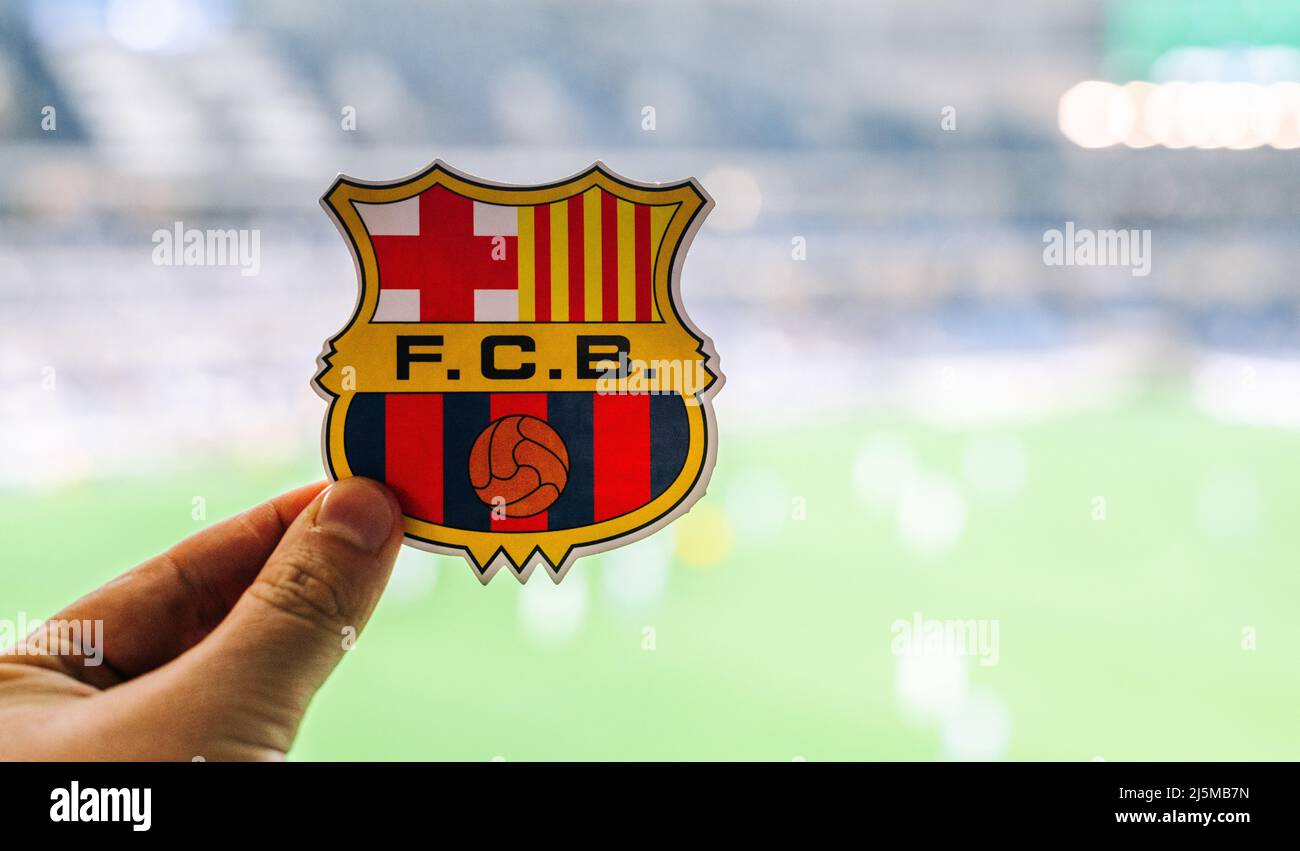 September 12, 2021, Barcelona, Spain. The emblem of FC Barcelona ...