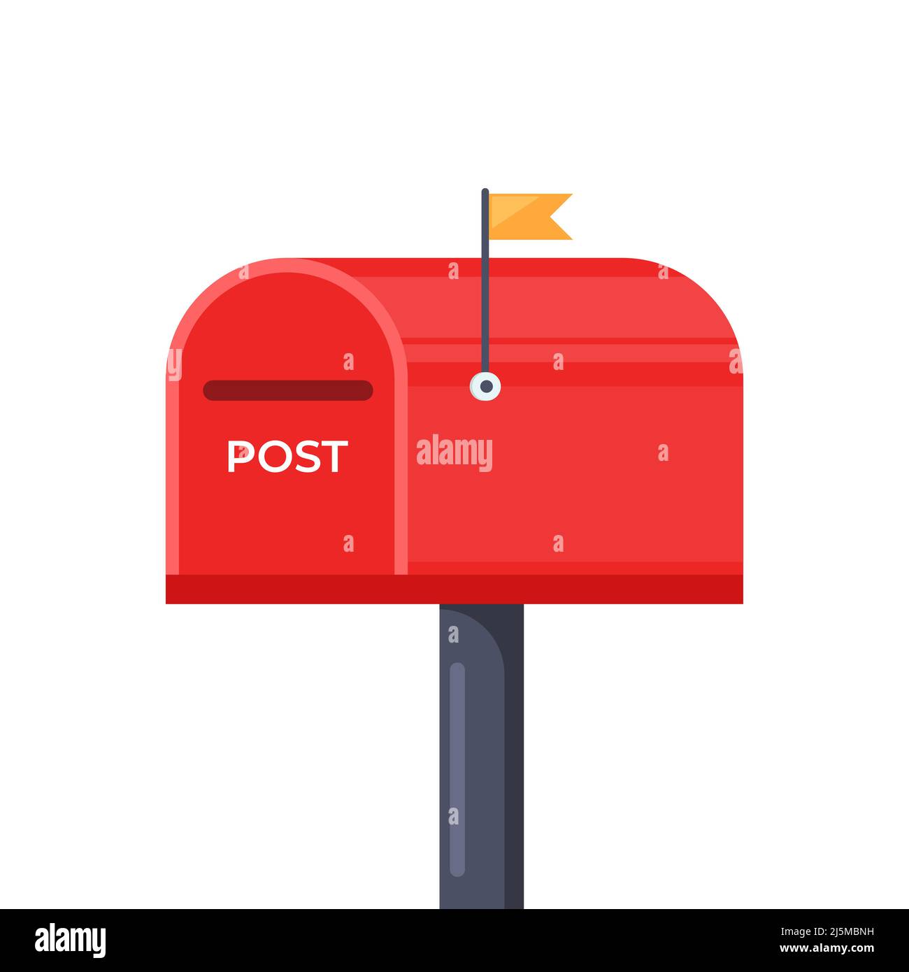 Mailbox with a closed door and raised flag. Red post box, isolated on ...