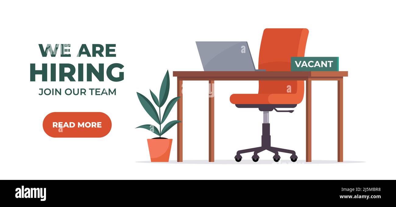 We're hiring poster. Workplace in the office with an empty chair and a ...