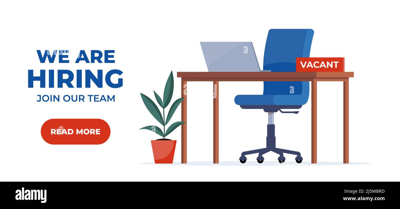 We're hiring poster. Workplace in the office with an empty chair and a ...