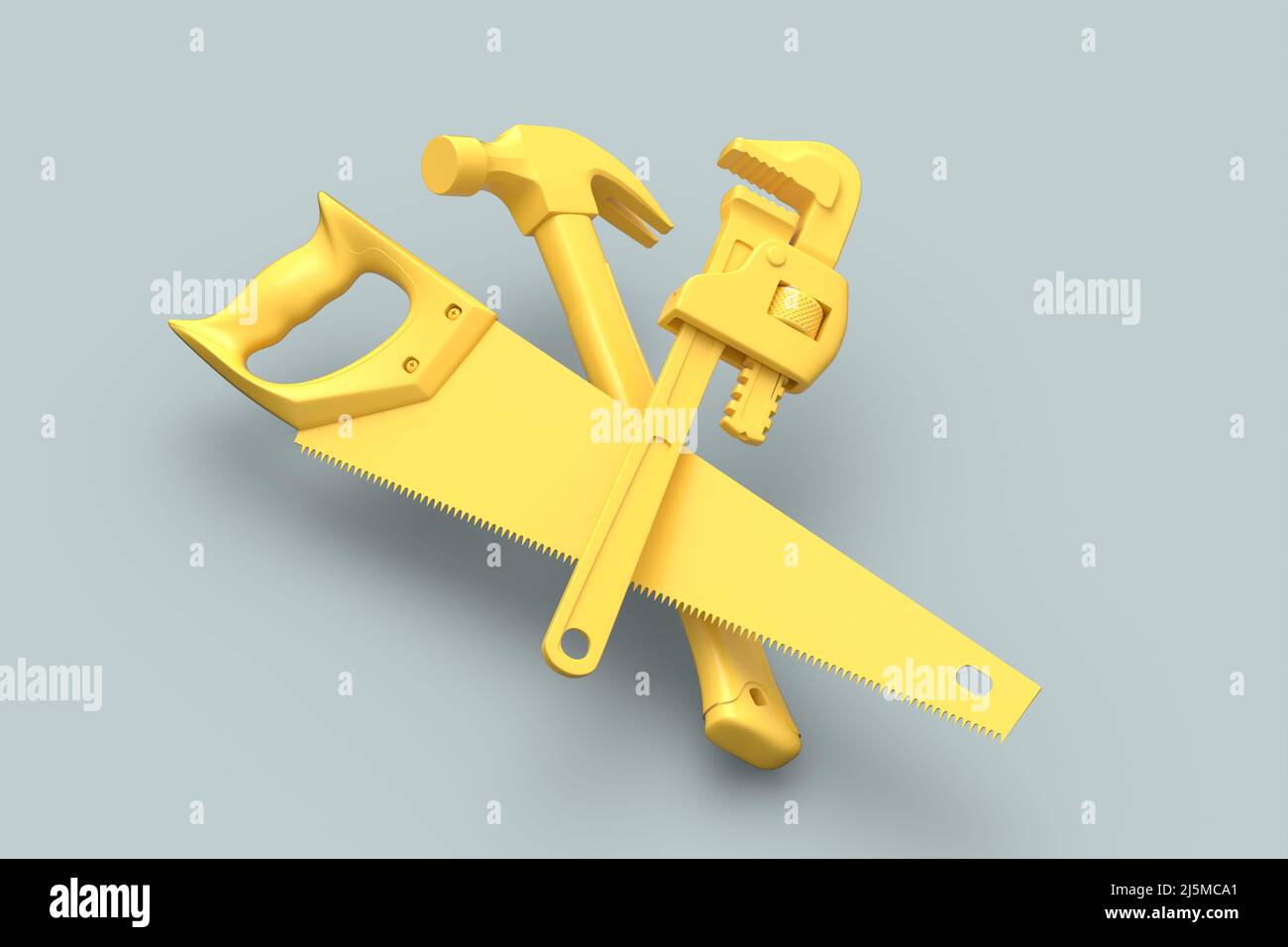 Flying view of yellow construction tools for repair and installation on ...