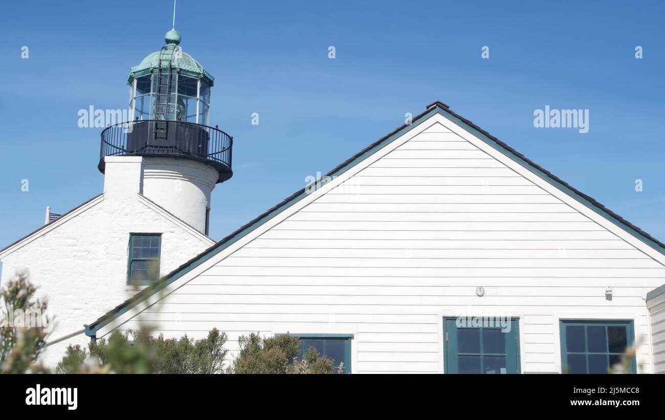 Vintage lighthouse tower, retro light house, old fashioned historic ...