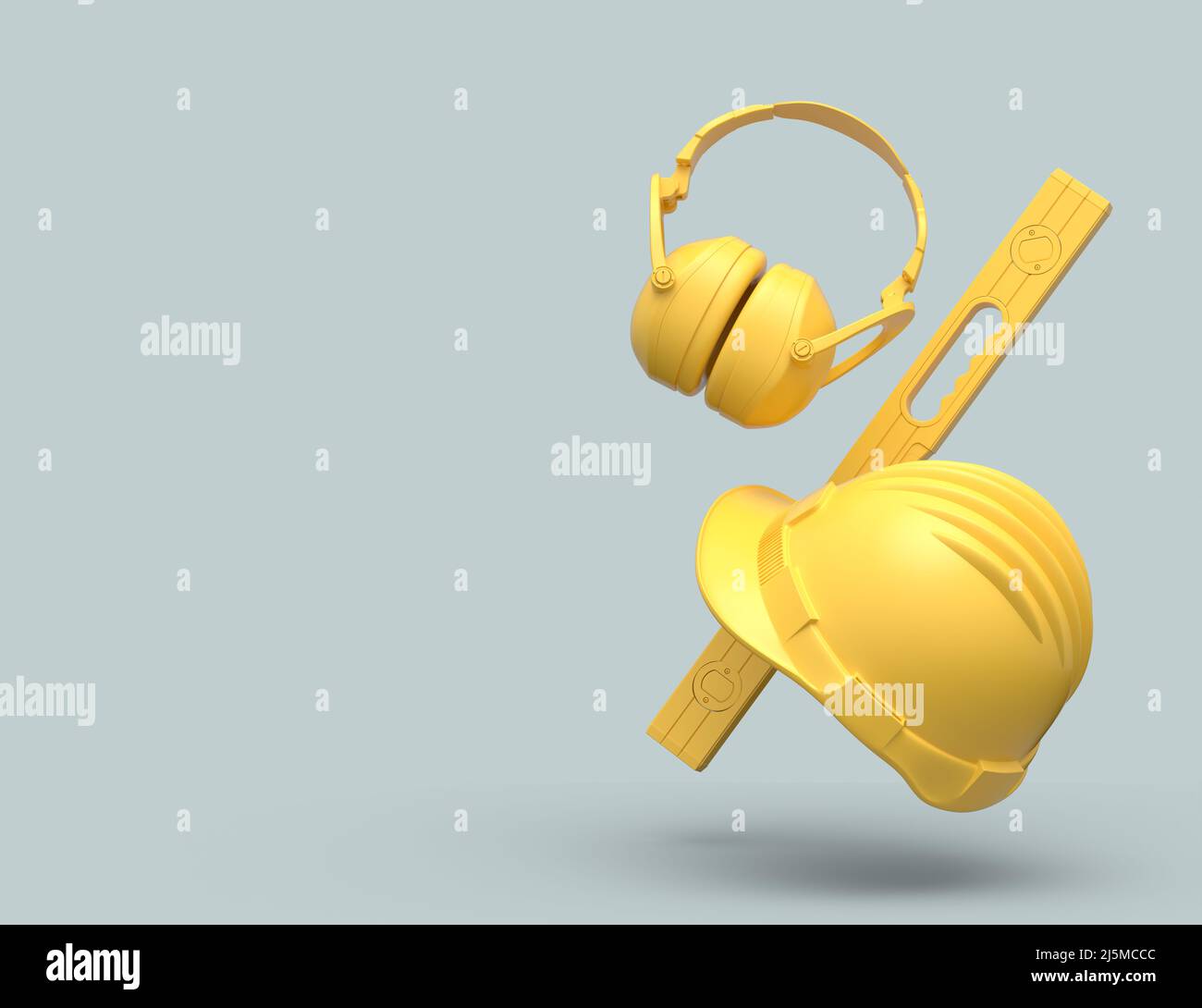 Flying view of yellow construction tools for repair and installation on ...