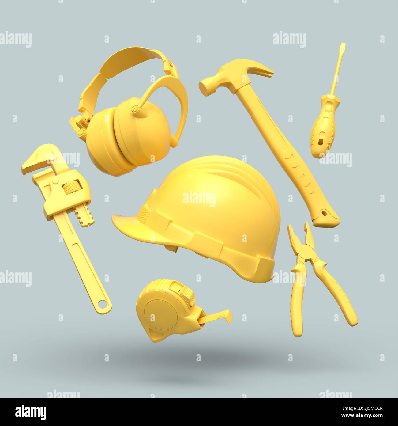 Flying view of yellow construction tools for repair and installation on ...