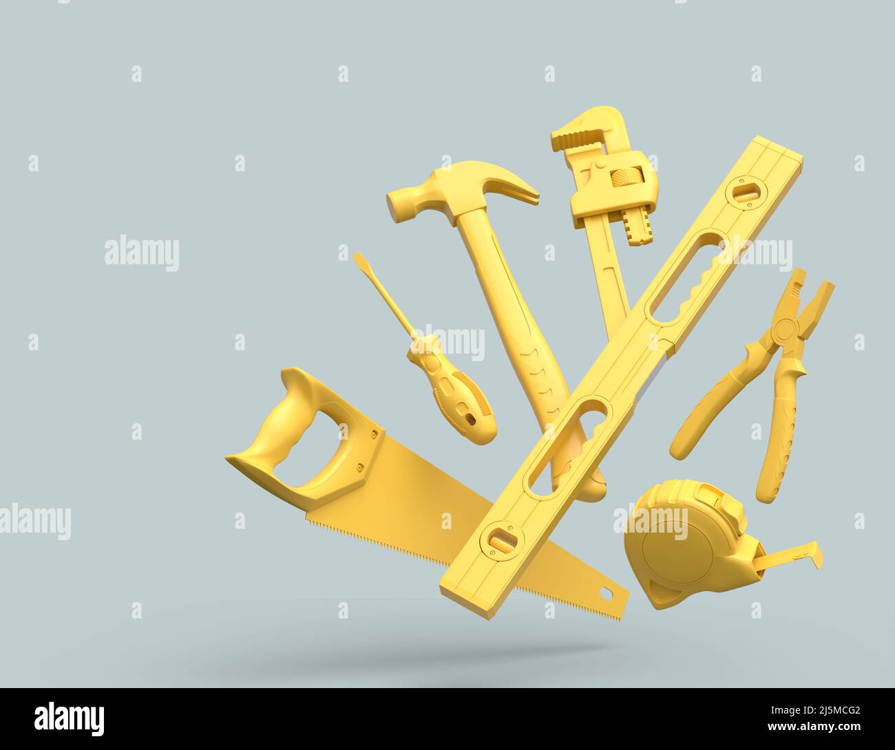 Flying view of yellow construction tools for repair and installation on ...